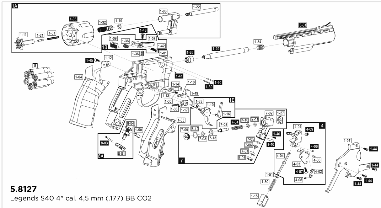 UMAREX – LEGENDS S40, AIR PISTOL, Model [5.8127] Part No # PART-1-46 ...
